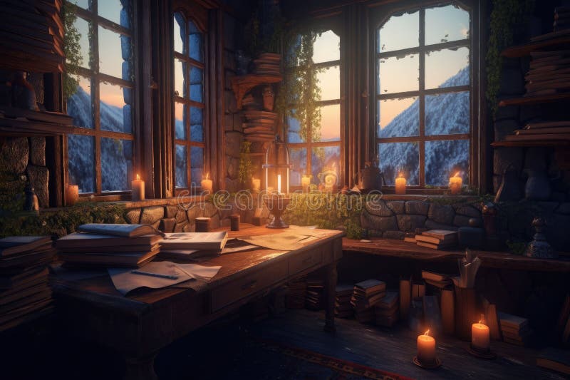 The Interior of an Old Ancient Room with Books, Candles and Mysterious ...