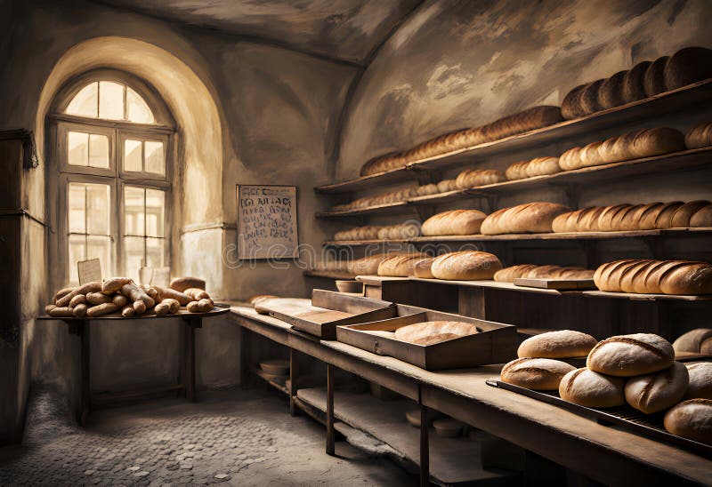 An Old Bread Shop in a Rustic Building with Loaves on Shelves and ...