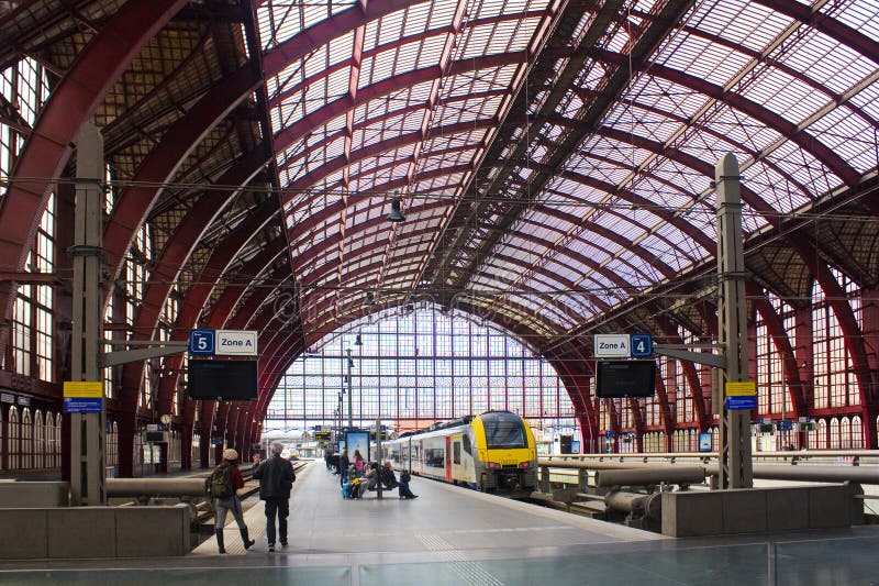 Interior with Old Clock in the Main Railway Station in Antwerp ...