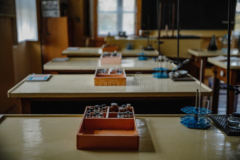Interior of an Old Empty Chemistry Class Laboratory Desks with Special ...