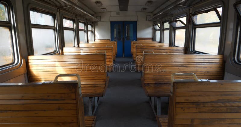 Wooden Seats in an Empty Coach of Suburban Train, Interior of Old Empty ...