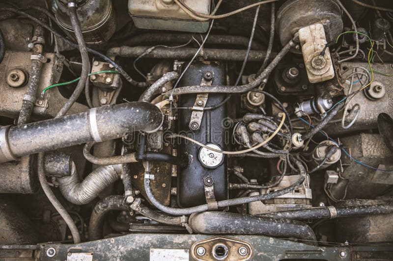Interior of old car engine stock photo. Image of industry - 274968790