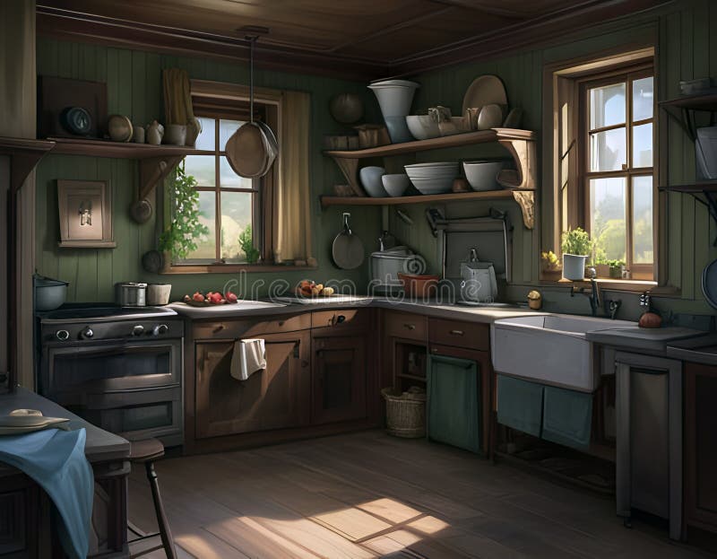 Old Farmhouse Kitchen with Pots and Jars Stacked on Shelves and Food on ...