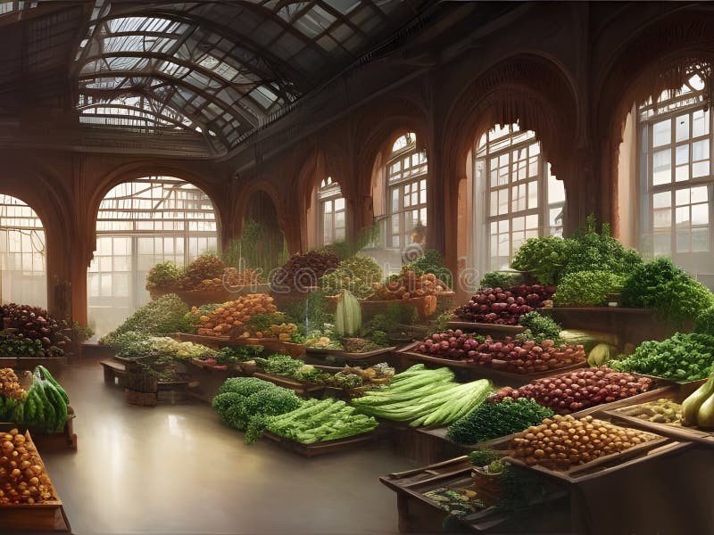 The Interior of an Old Fashioned Vegetable Market Hall with Products on ...