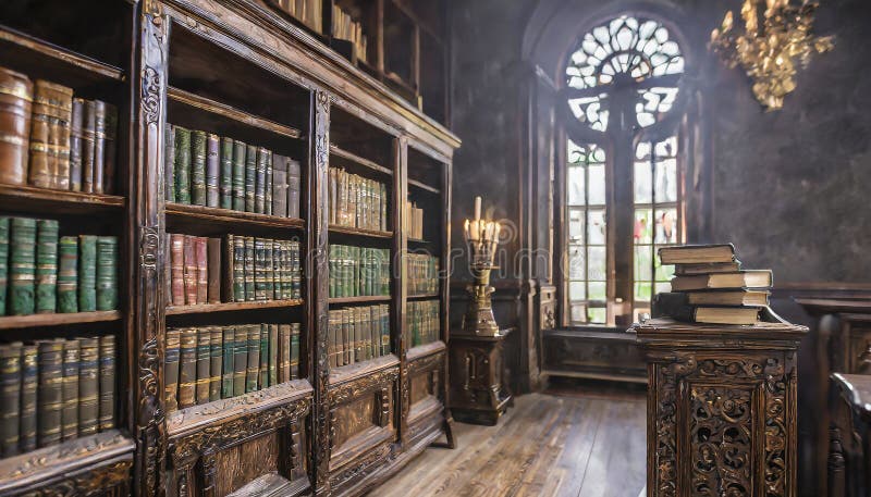 Interior of Old Library with Wooden Bookshelf and Old Books Stock ...