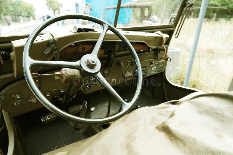 Interior of Old Military Car with Steering Wheel and Dashboard Stock ...