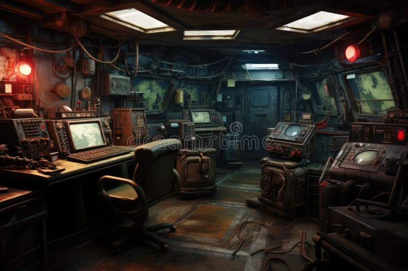 Interior of an Old Military Ship in the Night. 3d Rendering, Control ...