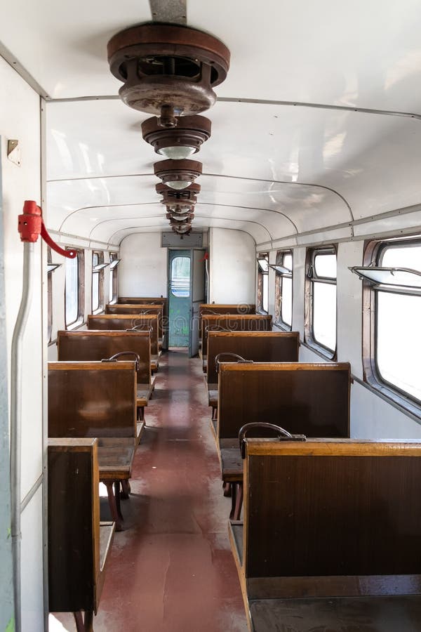 Interior of an Old Passenger Car on a Railroad. Historic Vintage Train ...