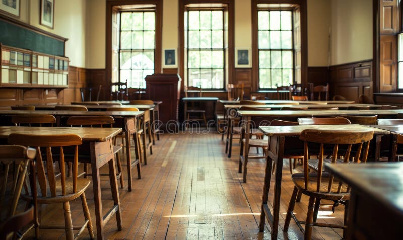 Interior of an Old School Classroom with Wooden Chairs and Tables ... Interior of an Old School Classroom with Wooden Chairs and Tables ...