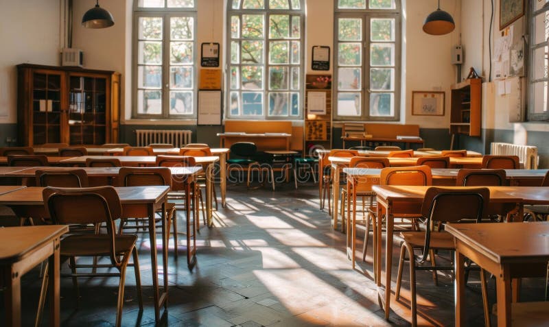 Interior of an Old School Classroom with Wooden Chairs and Tables ... Interior of an Old School Classroom with Wooden Chairs and Tables ...