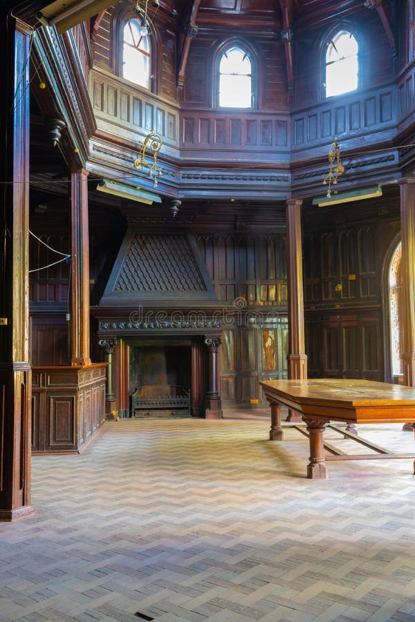 Interior of an Old Study and Library with a Fireplace, Gothic Windows ...