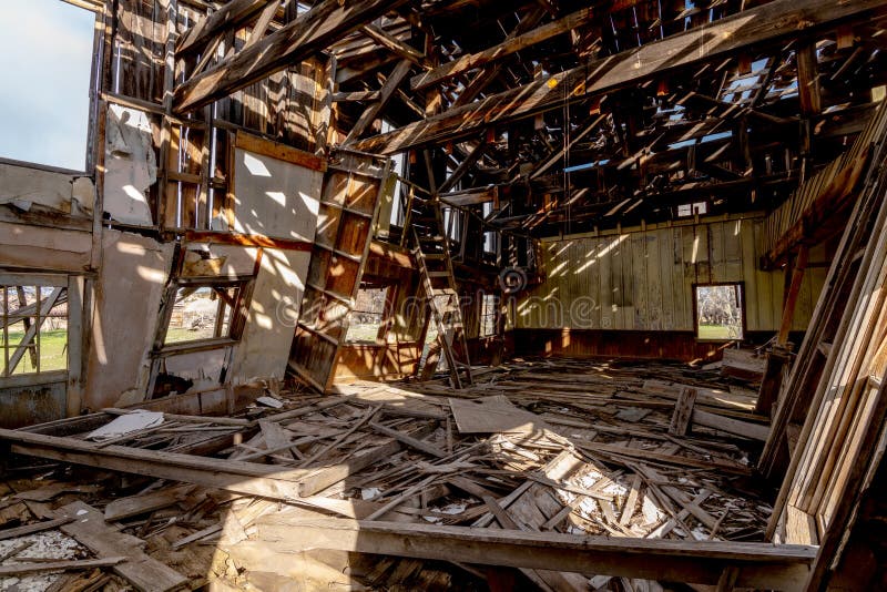 The Interior of an Old Wood Framed Building Slowly Falling Down Stock ...