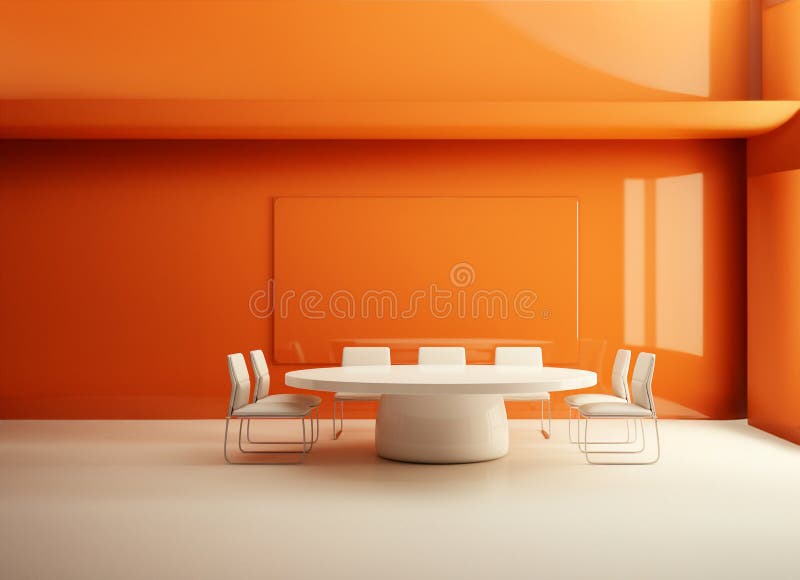 Interior of Orange Conference Room with Table and White Chairs, Empty ...