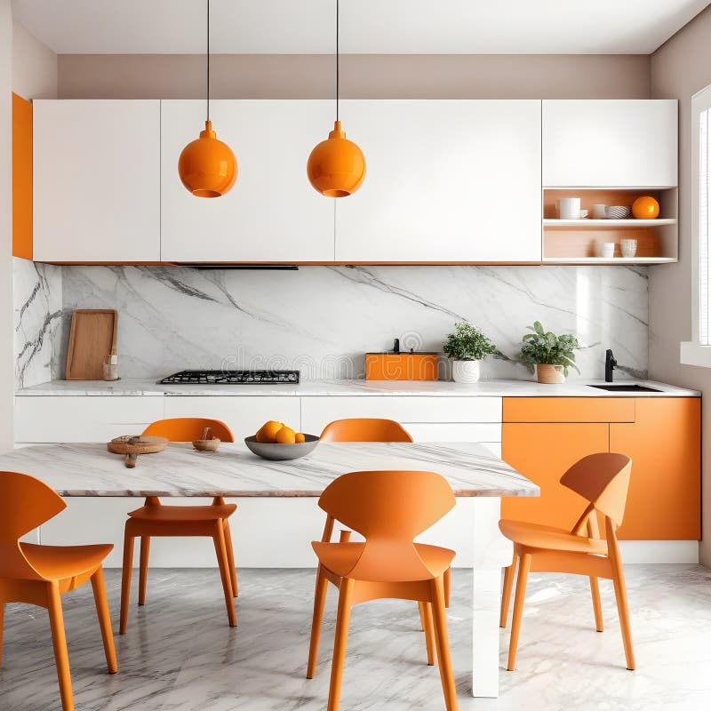 Interior of Orange and Marble Kitchen with Table Stock Photo - Image of ...