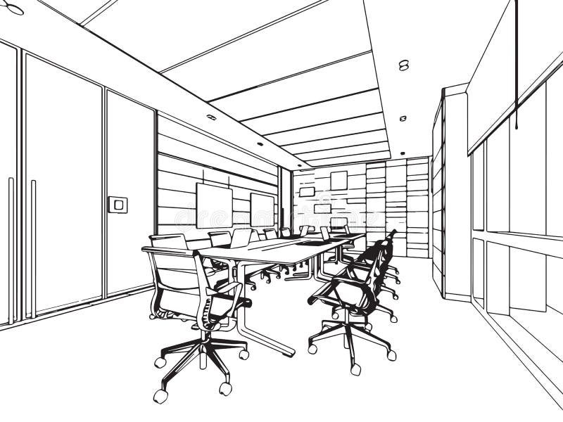 Interior Outline Sketch Drawing Perspective Office Stock Vector ...