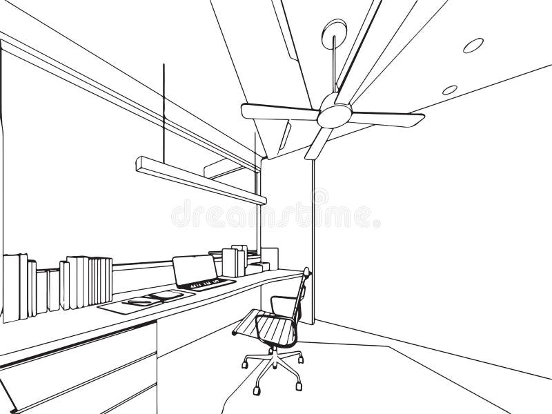 Interior Outline Sketch Drawing Perspective Office Stock Vector ...