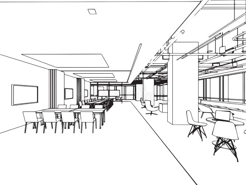 Interior Outline Sketch Drawing Perspective , Office Vector Eps Stock ...