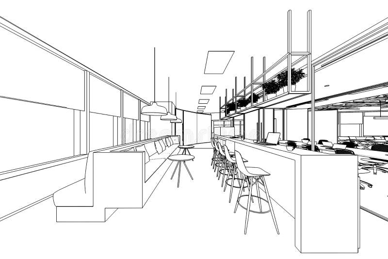Interior Outline Sketch Drawing Perspective of a Space Office Stock ...