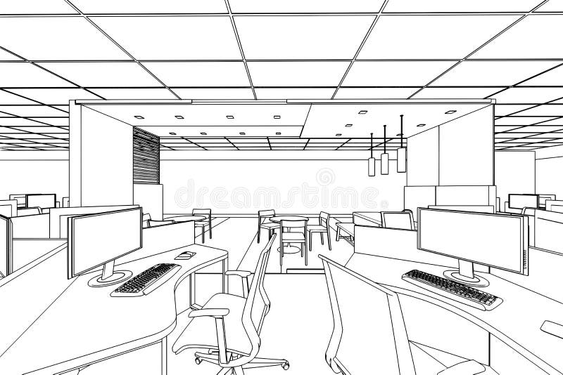 Interior Outline Sketch Drawing Perspective of a Space Office Stock ...