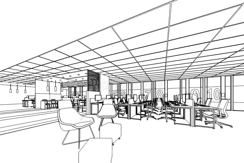 Interior Outline Sketch Drawing Perspective of a Space Office Stock ...