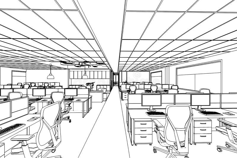 Interior Outline Sketch Drawing Perspective of a Space Office Stock ...