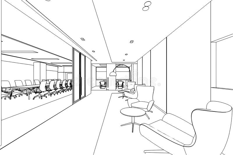 Interior Outline Sketch Drawing Perspective of a Space Office Stock ...