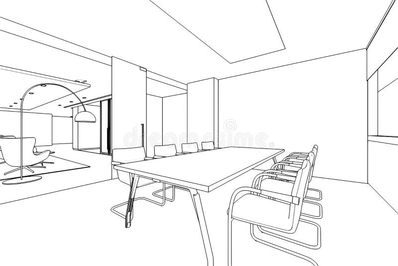 Interior Outline Sketch Drawing Perspective of a Space Office Stock ...