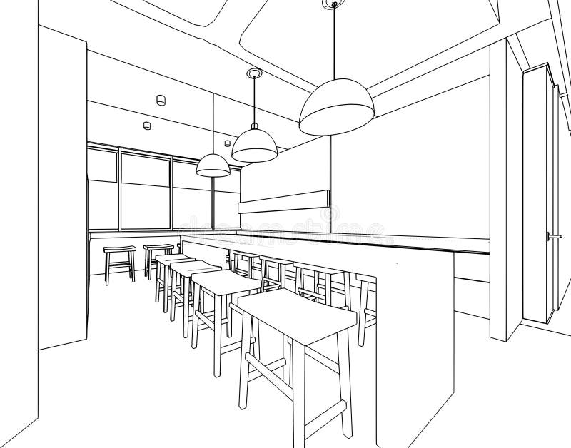 Interior Outline Sketch Drawing Perspective of a Space Office Stock ...