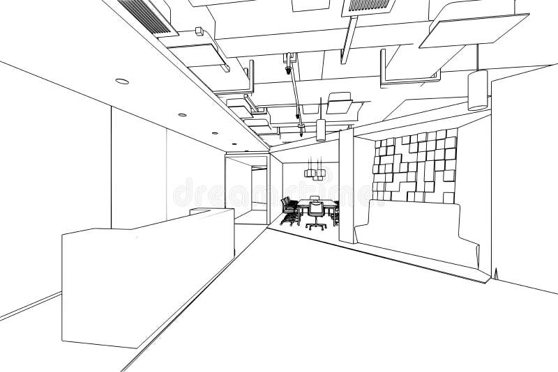 Interior Outline Sketch Drawing Perspective of a Space Office Stock ...
