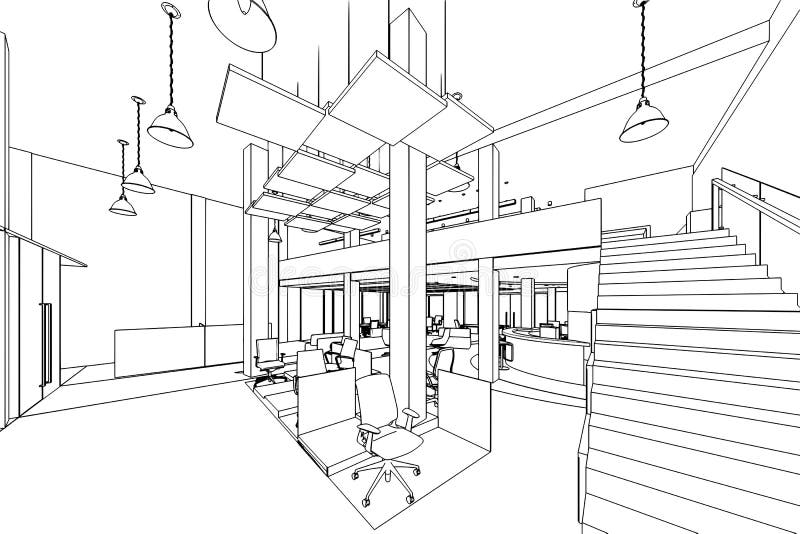 Interior Outline Sketch Drawing Perspective of a Space Office Stock ...