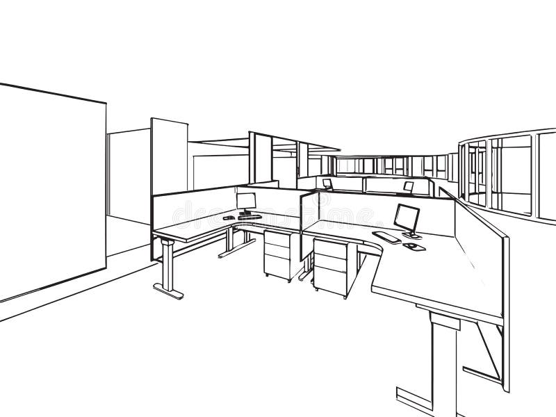 Interior Outline Sketch Drawing Perspective of a Space Office Stock ...