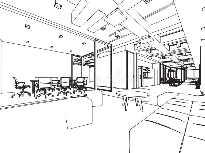 Interior Outline Sketch Drawing Perspective of a Space Office Stock ...