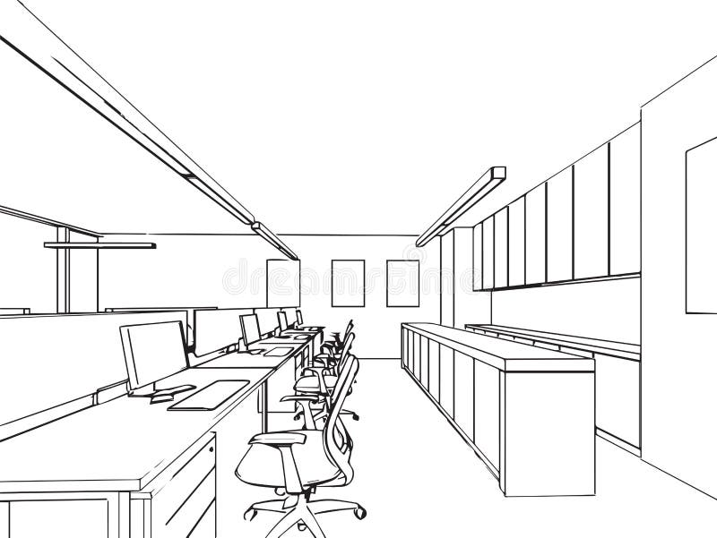 Interior Outline Sketch Drawing Perspective of a Space Office Stock ...