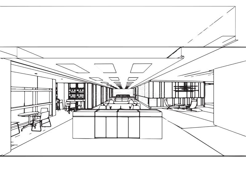 Interior Outline Sketch Drawing Perspective Office Stock Vector ...