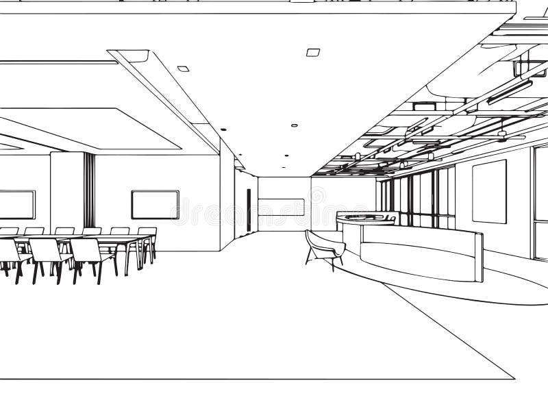 Interior Outline Sketch Drawing Perspective , Office Vector Eps Stock ...