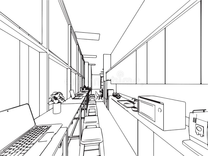 Interior Outline Sketch Drawing Perspective Office Stock Vector ...