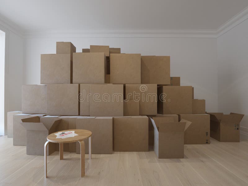 Interior with Packed Cardboard Boxes and Keys on the Chair . 3d Image ...