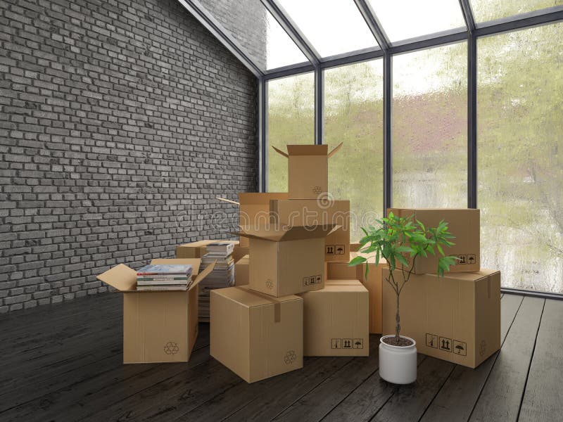 Interior with Packed Cardboard Boxes for Relocation 3D Rendering Stock ...