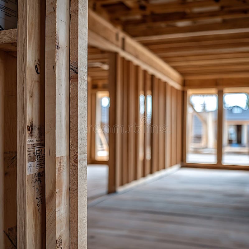 Interior View of Unfinished Wooden House Framing with Visible ...