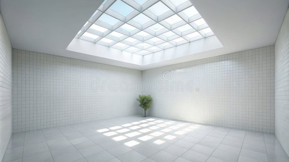 Interior Perspective Square Room, White Tiles, Skylight, Small Tree ...