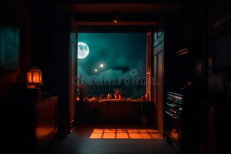 Interior Photo of Room with View of the Full Moon Stock Illustration ...