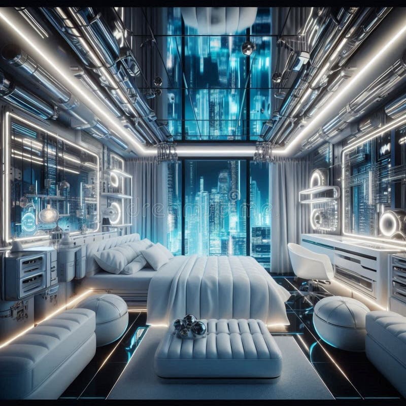 Interior Photography of High Tech Bedroom of a Cyberpunk City Apartment ...