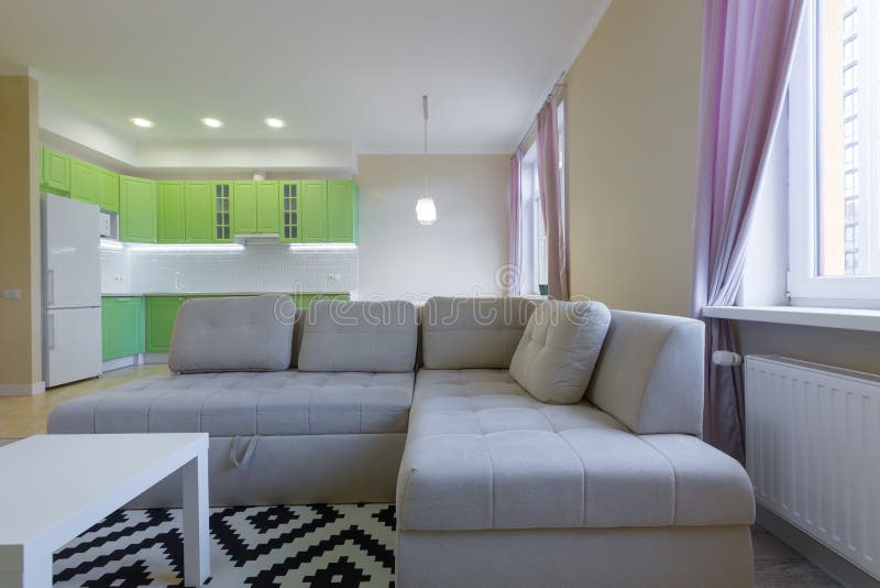 Interior Photography Large Studio Room with Green Modern Kitchen Stock ...