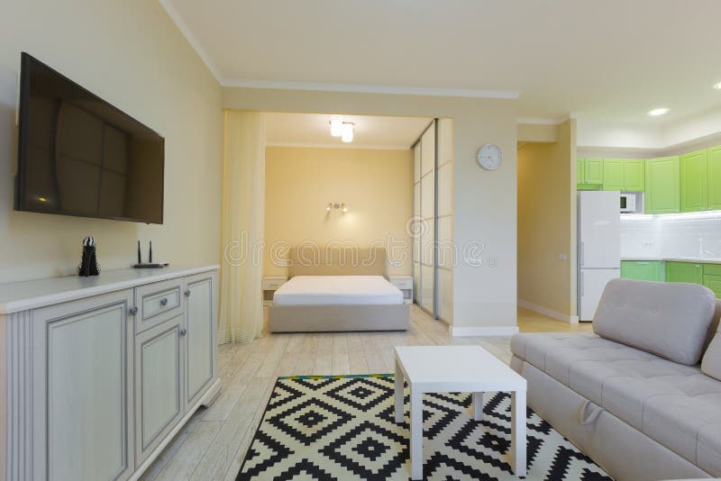 Interior Photography Large Studio Room with Green Modern Kitchen Stock ...