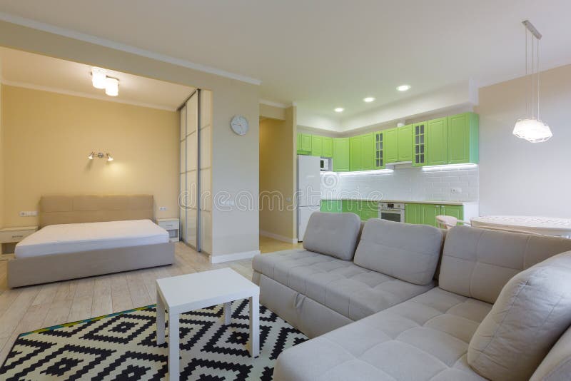 Interior Photography Large Studio Room with Green Modern Kitchen Stock ...