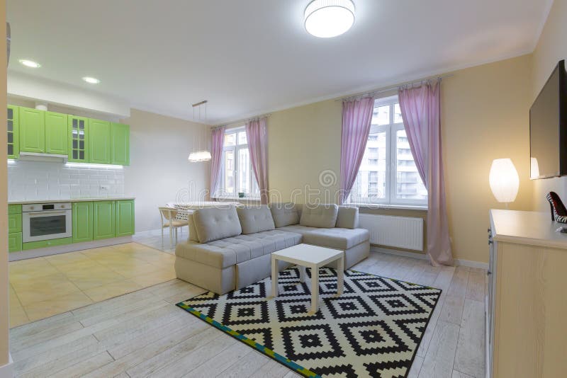 Interior Photography Large Studio Room with Green Modern Kitchen Stock ...