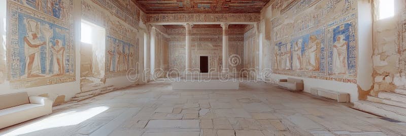 Interior, Pillared Hall within Ancient Egyptian Temple with Painted ...