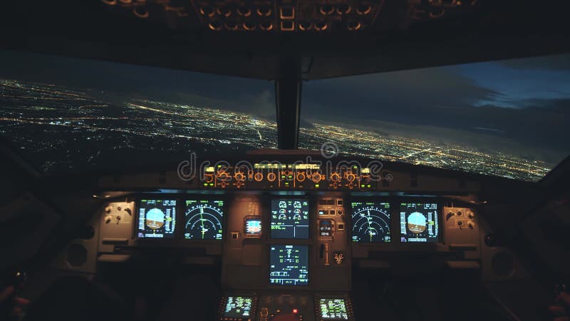 Interior of the Pilot S Control Room at Night with the Cityscape Stock ...