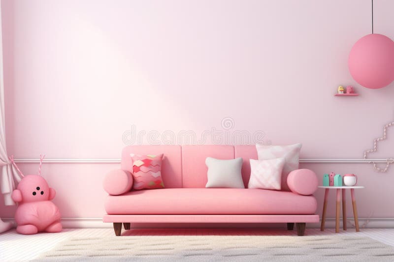 Interior of Pink Living Room with Pink Sofa, 3d Render Stock Illustration - Illustration of ...
