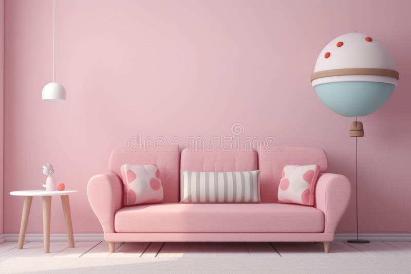 Interior of Pink Living Room with Pink Sofa, 3d Render Stock Illustration - Illustration of ...